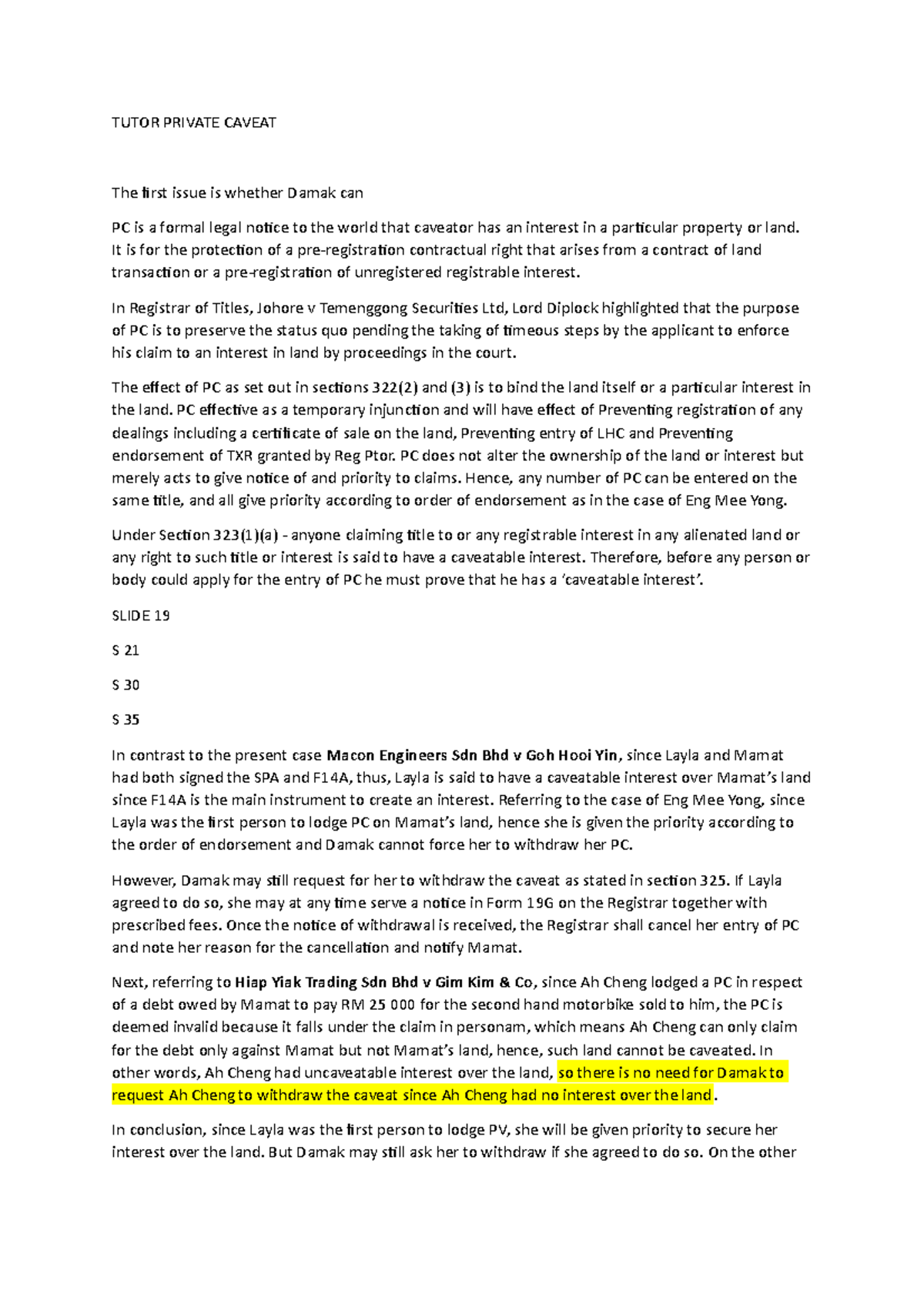 Tutorial on the topic of Private Caveat - LAND LAW II - TUTOR PRIVATE ...