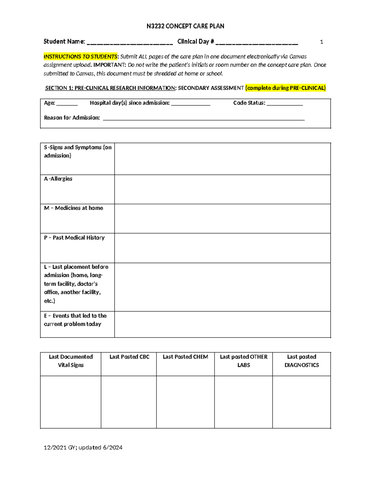 N3232 Concept Care Plan Assignment - Clinical Day Documentation - Studocu