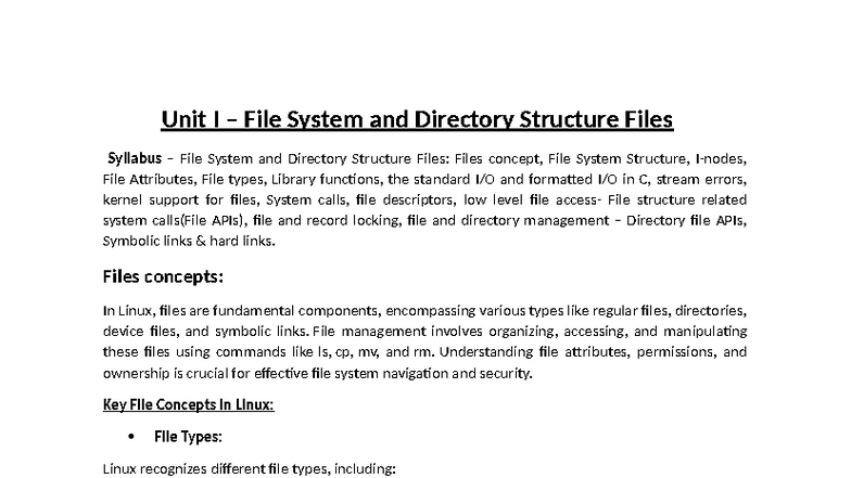 LP-Unit I - File System and Directory Structure Overview - Studocu