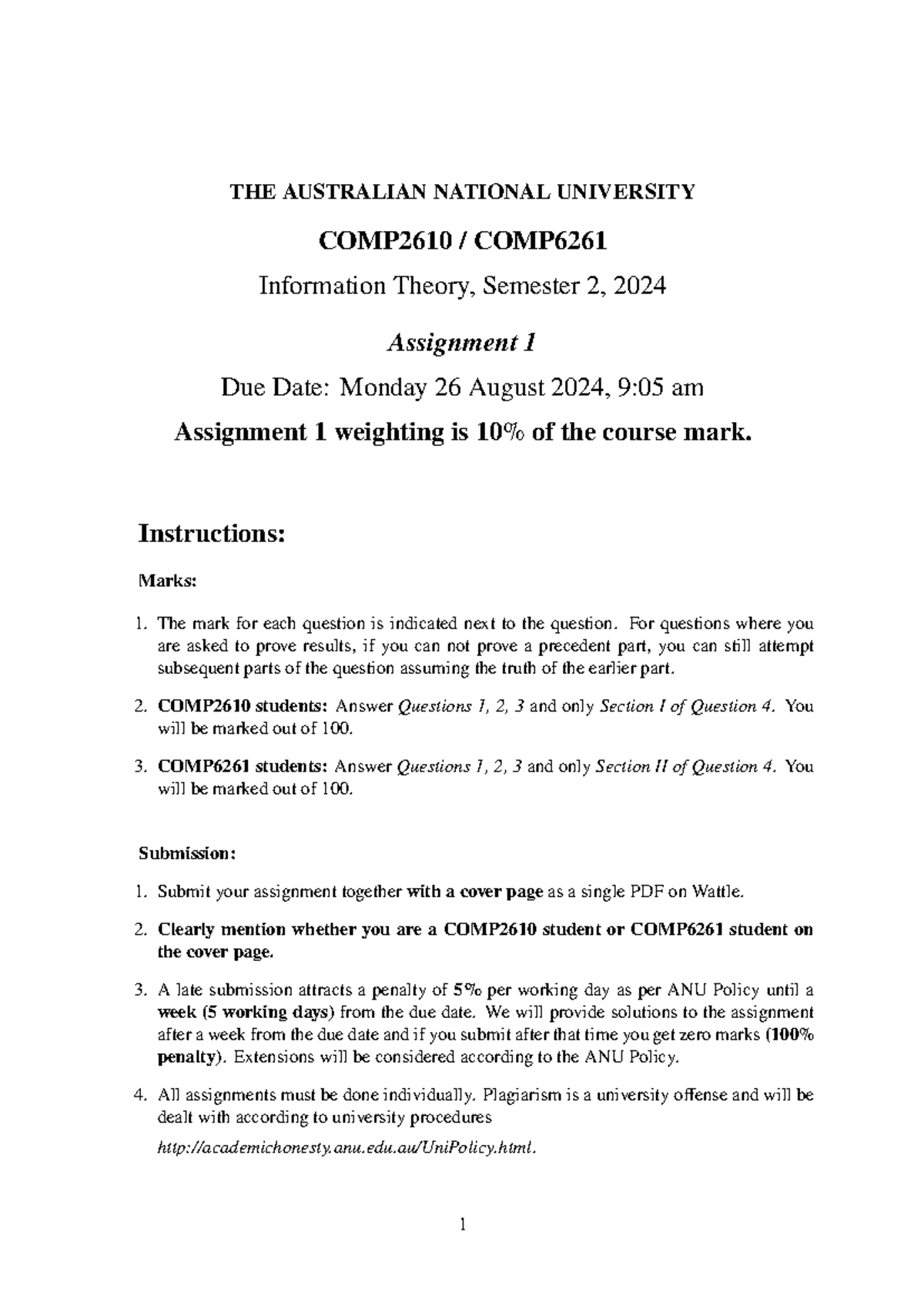 COMP2610 & COMP6261 Information Theory Assignment 1 Guidelines - S2 ...