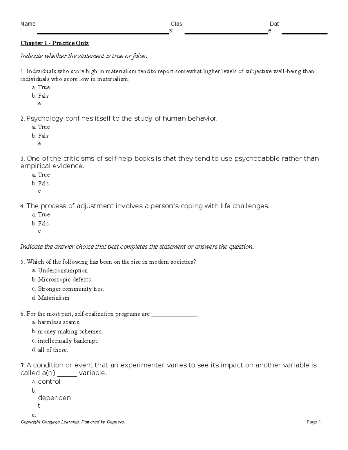 Psychology 101: Chapter 1 Practice Quiz with Answers - Studocu