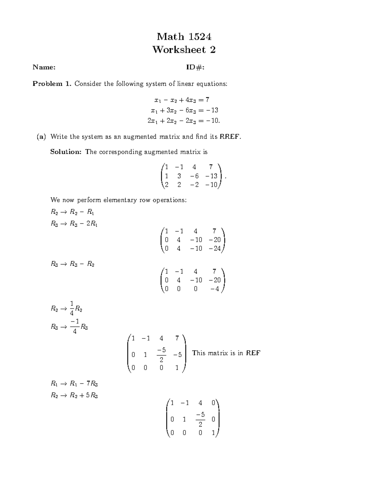 MATH 1524 Worksheet 2: Systems of Linear Equations Solutions - Studocu