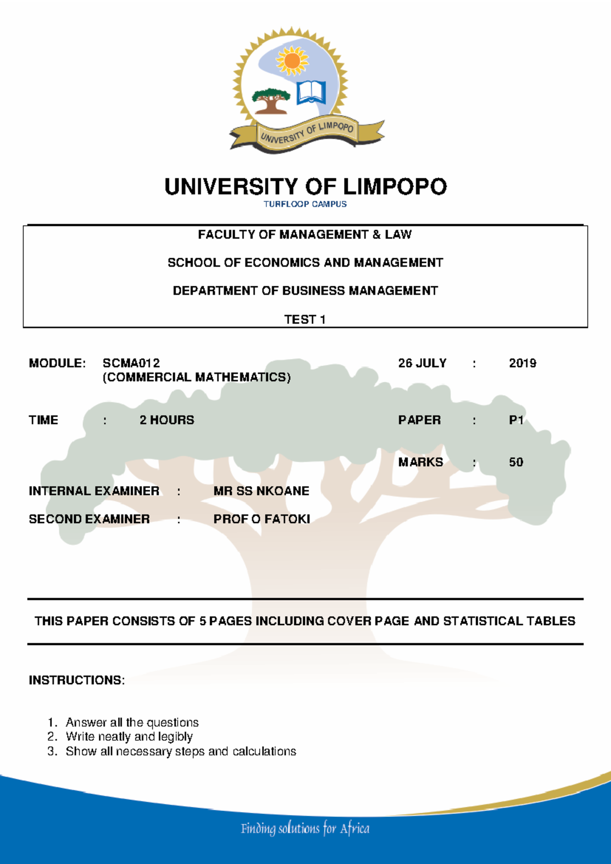 SCMA012 TEST 1 2019 - UNIVERSITY OF LIMPOPO TURFLOOP CAMPUS FACULTY OF ...