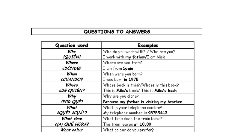 ESL 101: Questions to Answers - Connectors and Examples - Studocu