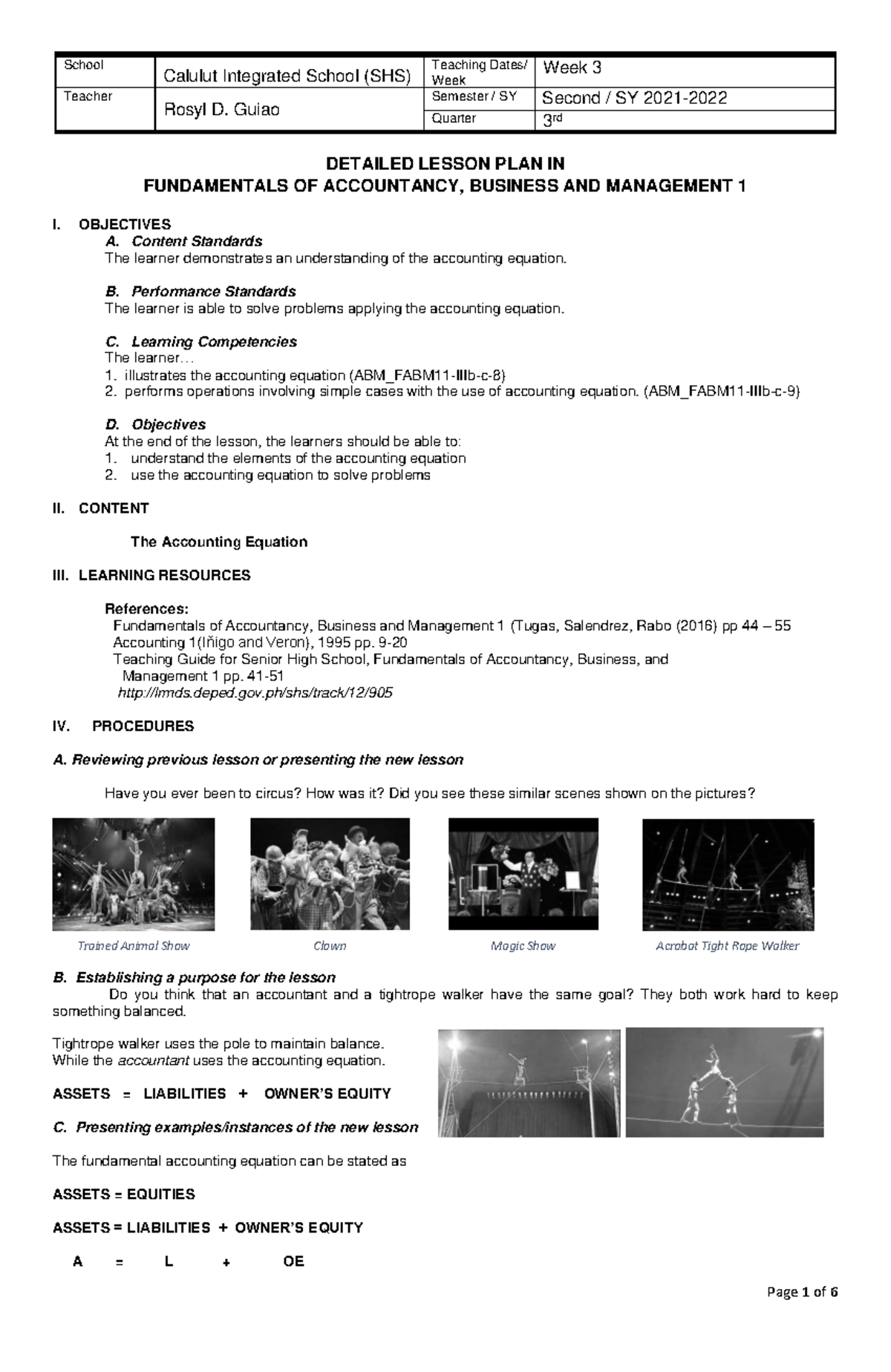 FABM1 Quarter 3 Week 3 Detailed Lesson Plan: Accounting Equation - Studocu