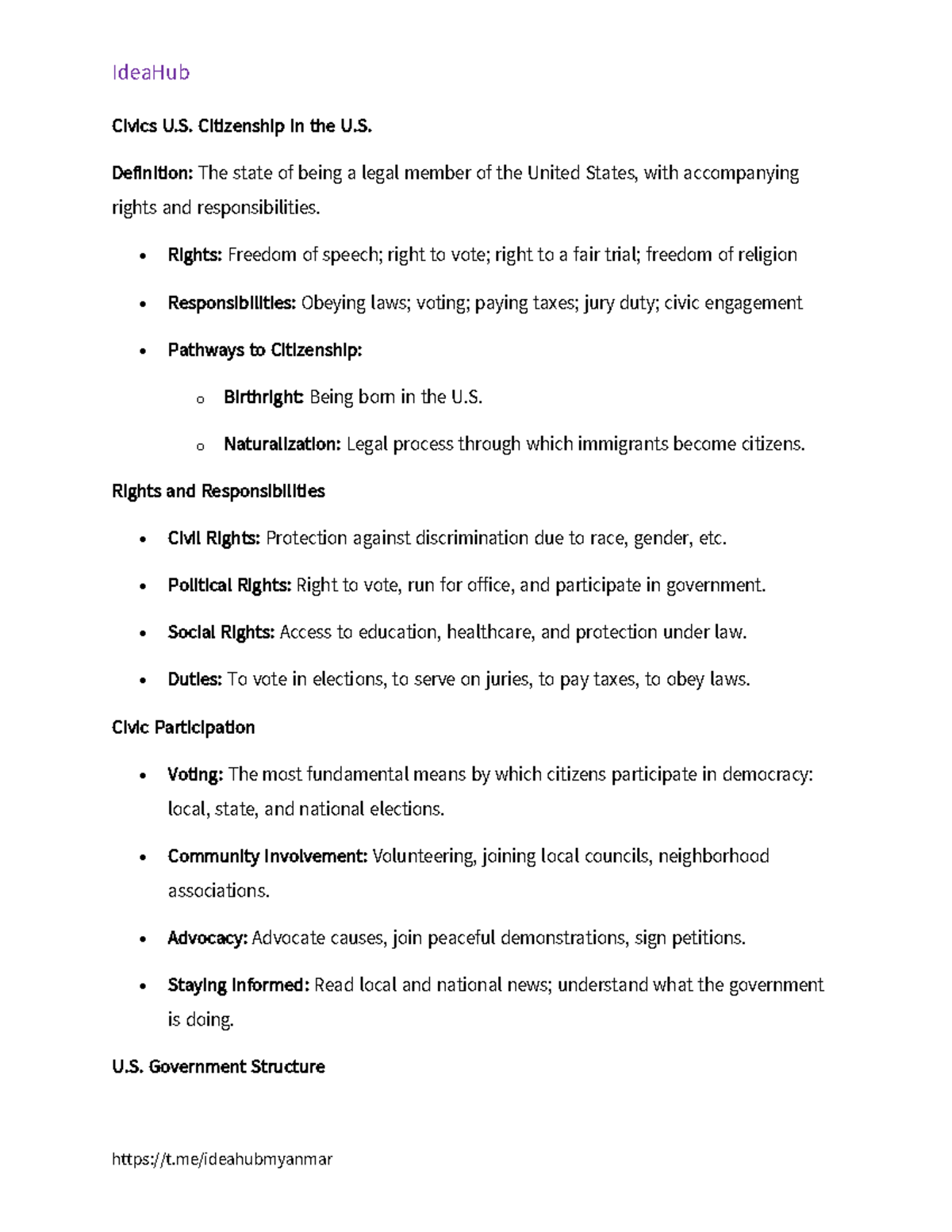 Civics U. Final Exam Notes: Citizenship, Rights, and Government ...