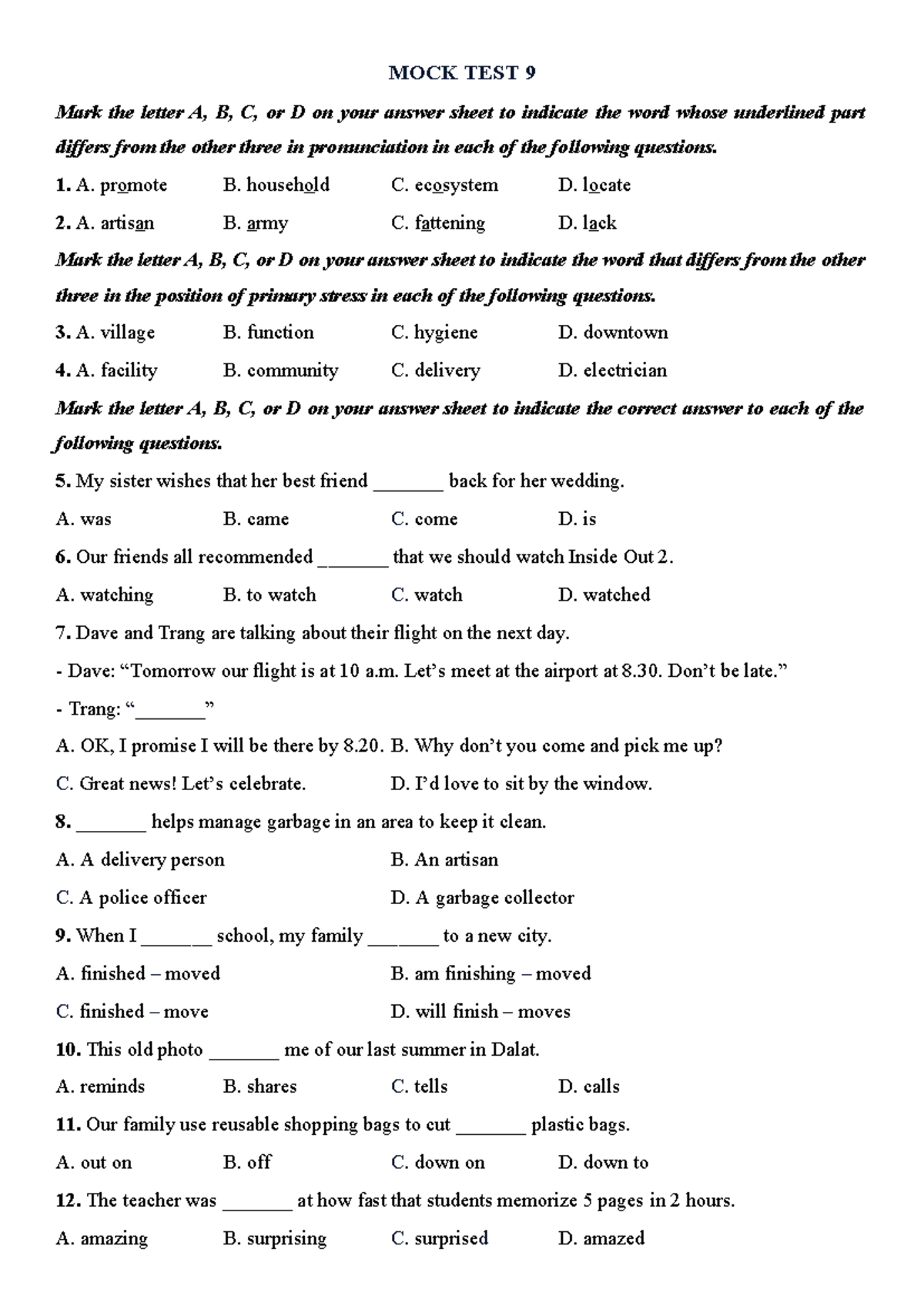 MOCK TEST 9 - Pronunciation and Grammar Practice for Anh 9 - Studocu