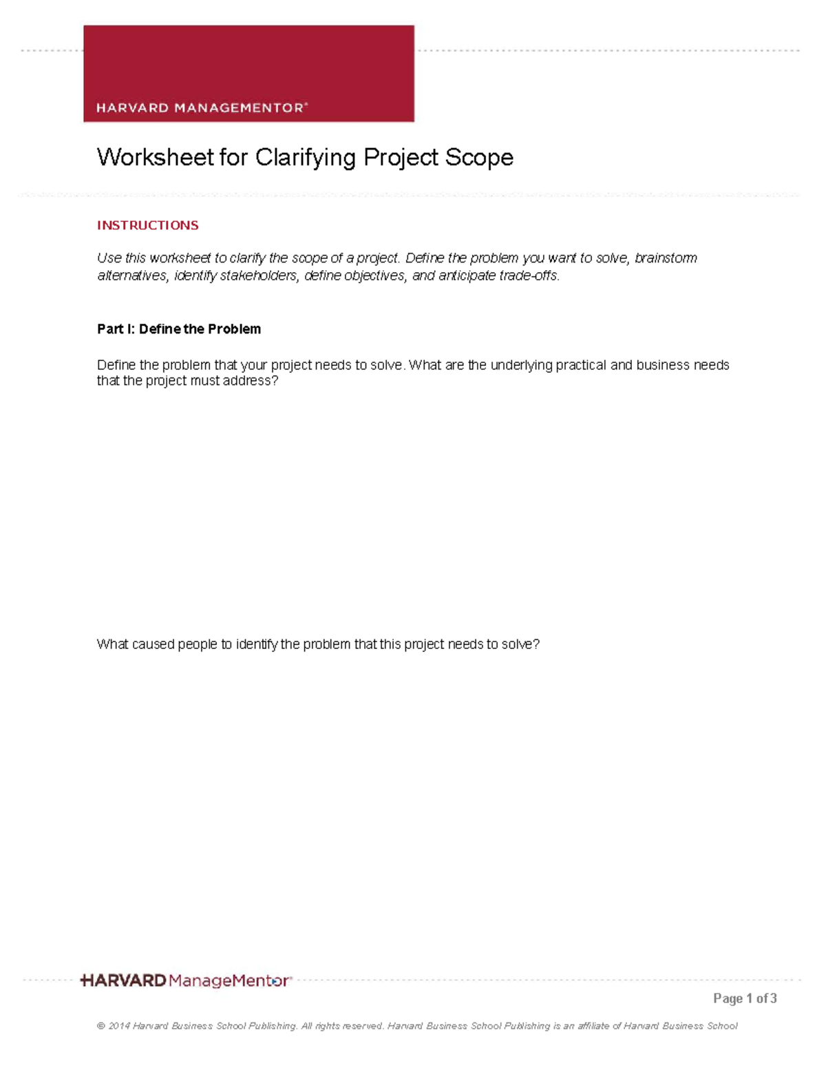 Project Scope Clarification Worksheet: Define, Brainstorm, Evaluate ...