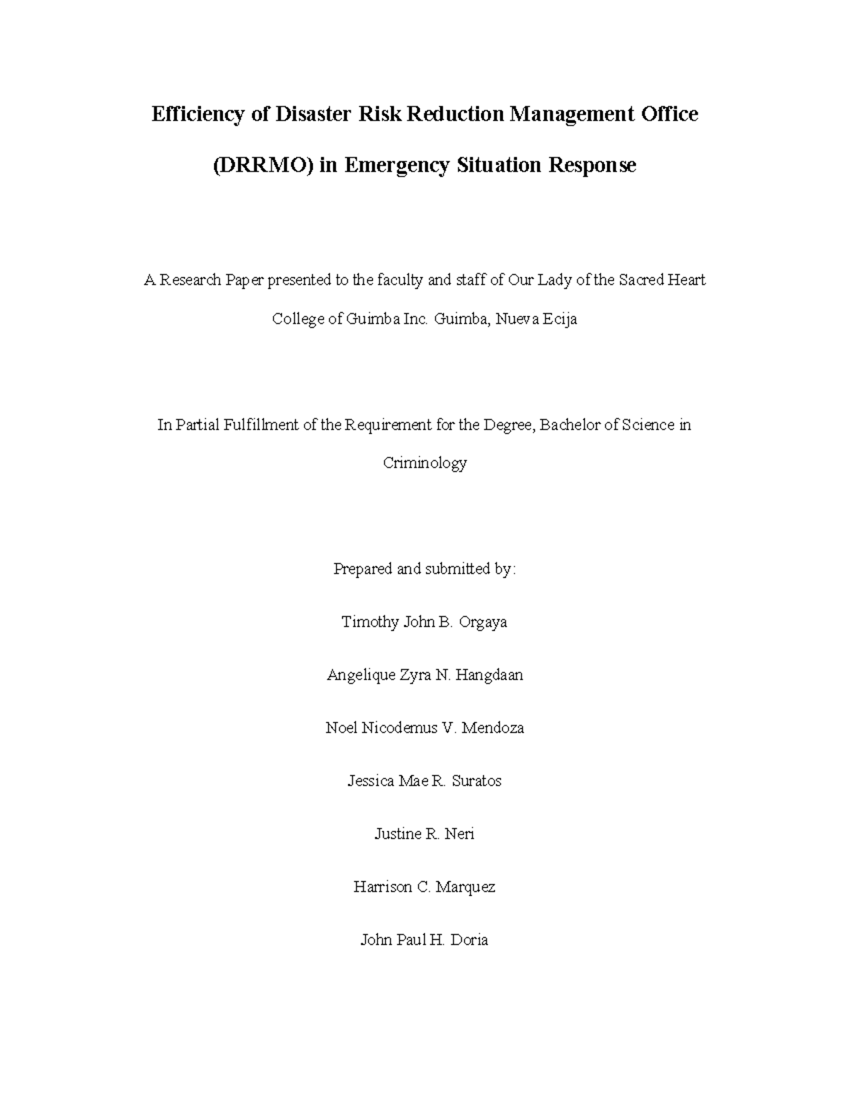 Efficiency of Disaster Risk Reduction Management Office (DRRMO) in ...