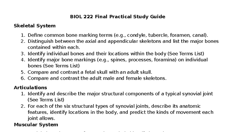 BIOL 222 Final Practical Study Guide: Skeletal, Muscular & Nervous ...