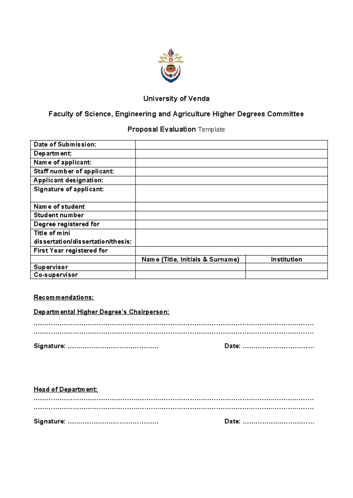 FHDC Proposal Evaluation Template for Higher Degrees - Studocu