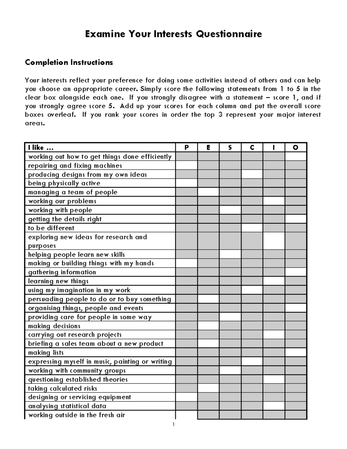 Interests Questionnaire Completion Instructions for Career Choices ...