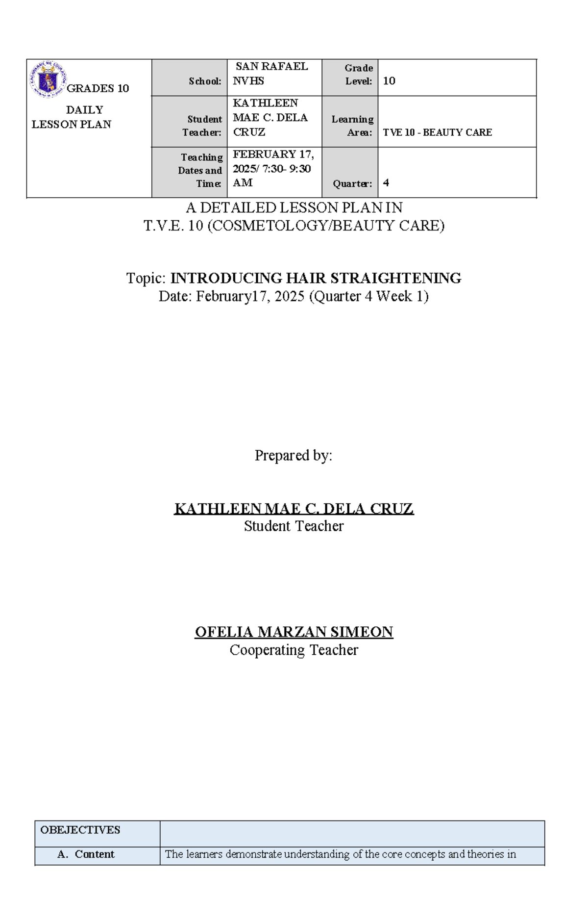 DLP-HAIR Lesson Plan: Introducing Hair Straightening for T.V. 10 - Studocu