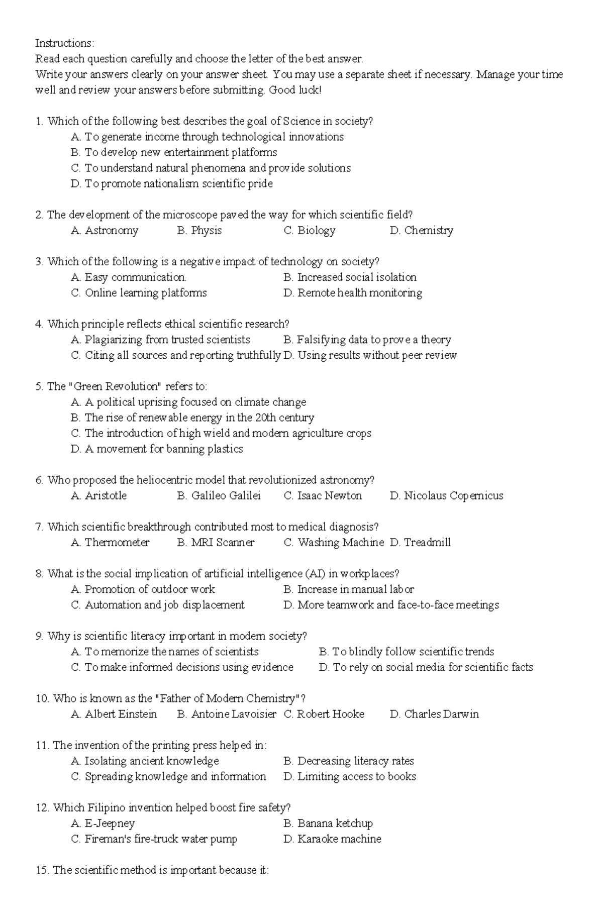 Enhancement STS Quiz: Understanding Science, Technology, and Society ...