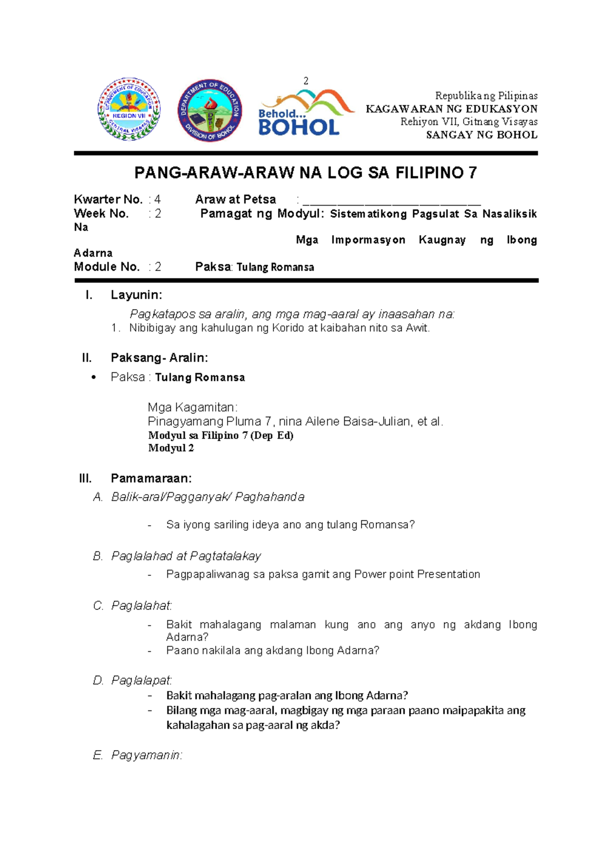 Filipino 7 Q4 WK2 - Sistematikong Pagsulat sa Ibong Adarna - Studocu