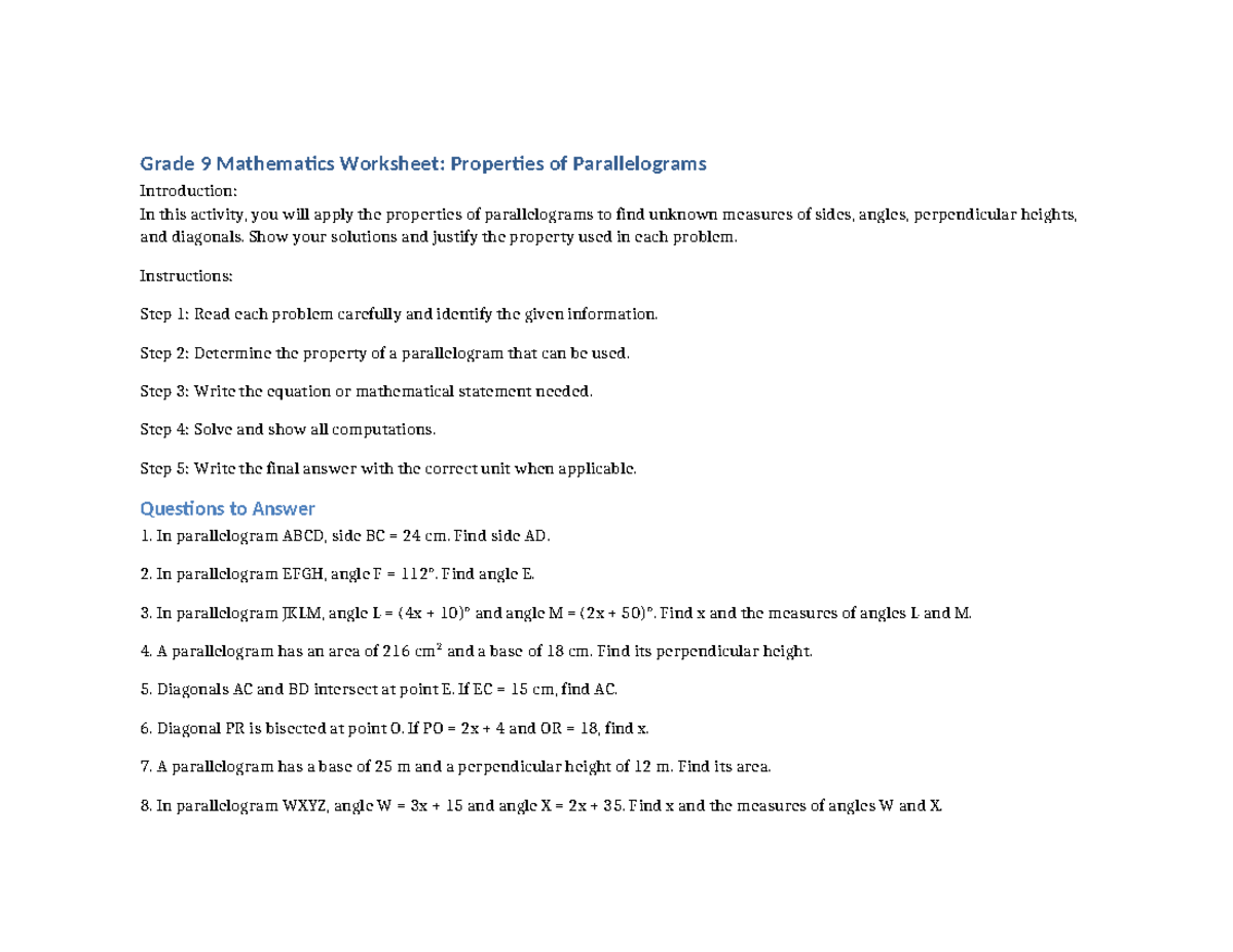 Grade 9 Math Worksheet: Properties of Parallelograms - Studocu