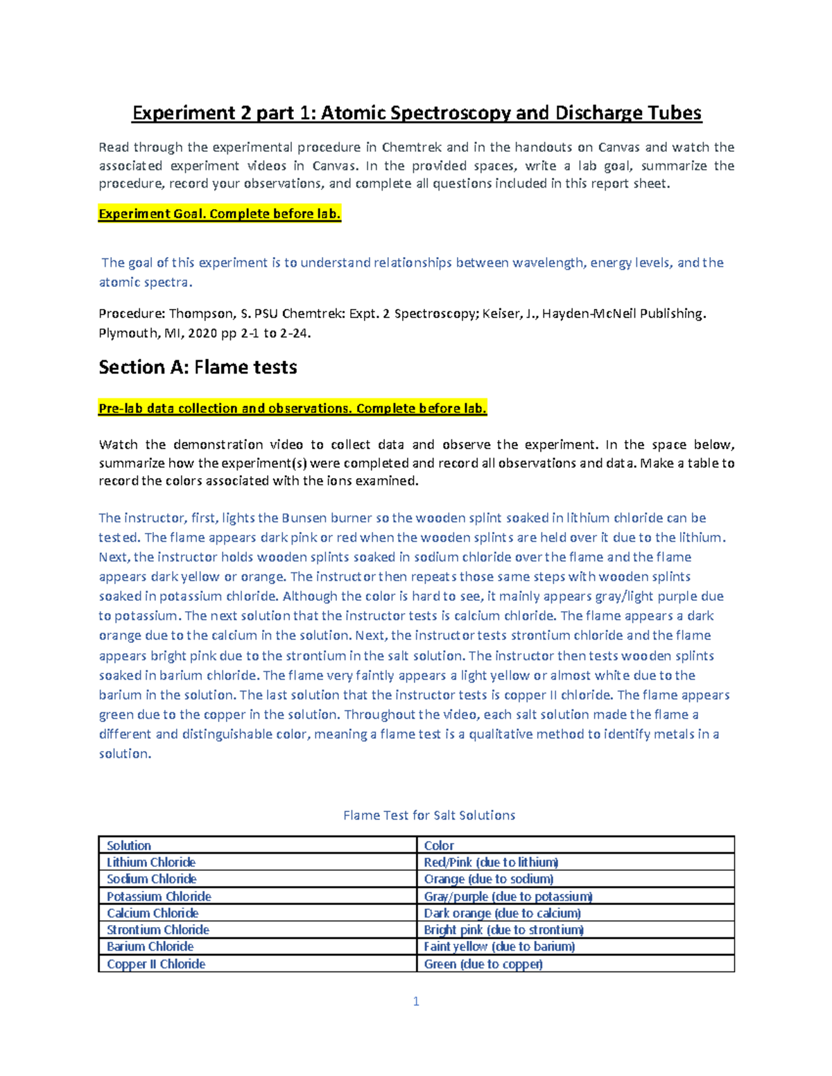 CHEM111 Experiment 2: Atomic Spectroscopy & Discharge Tubes Lab Report ...