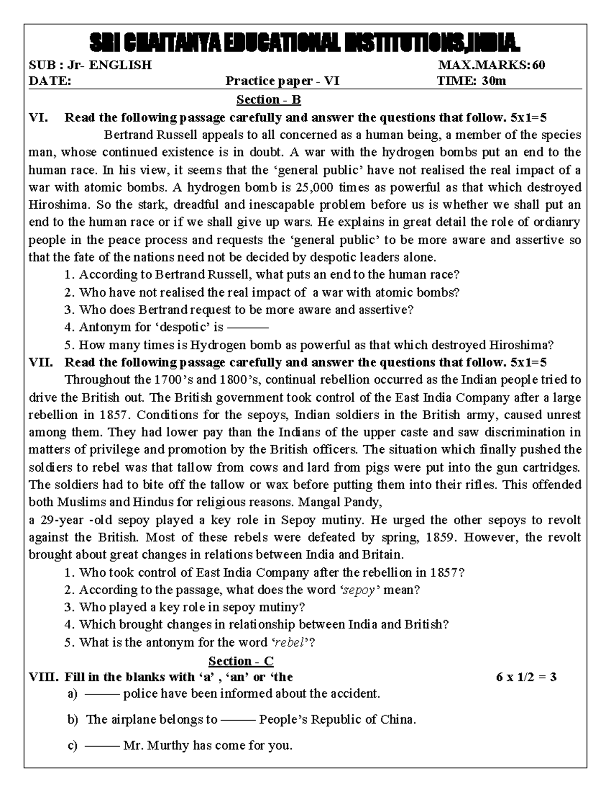 JR Inter English Practice Paper VI - Comprehensive Exercises - Studocu