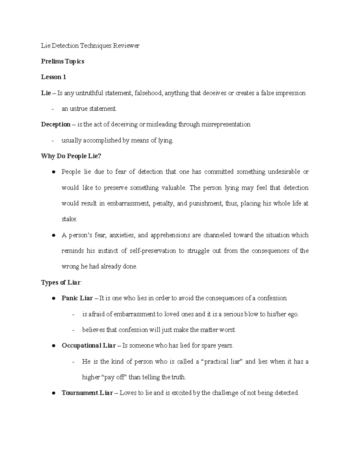 Lie Detection Techniques - Reviewer Guide for Prelims Exam - Studocu