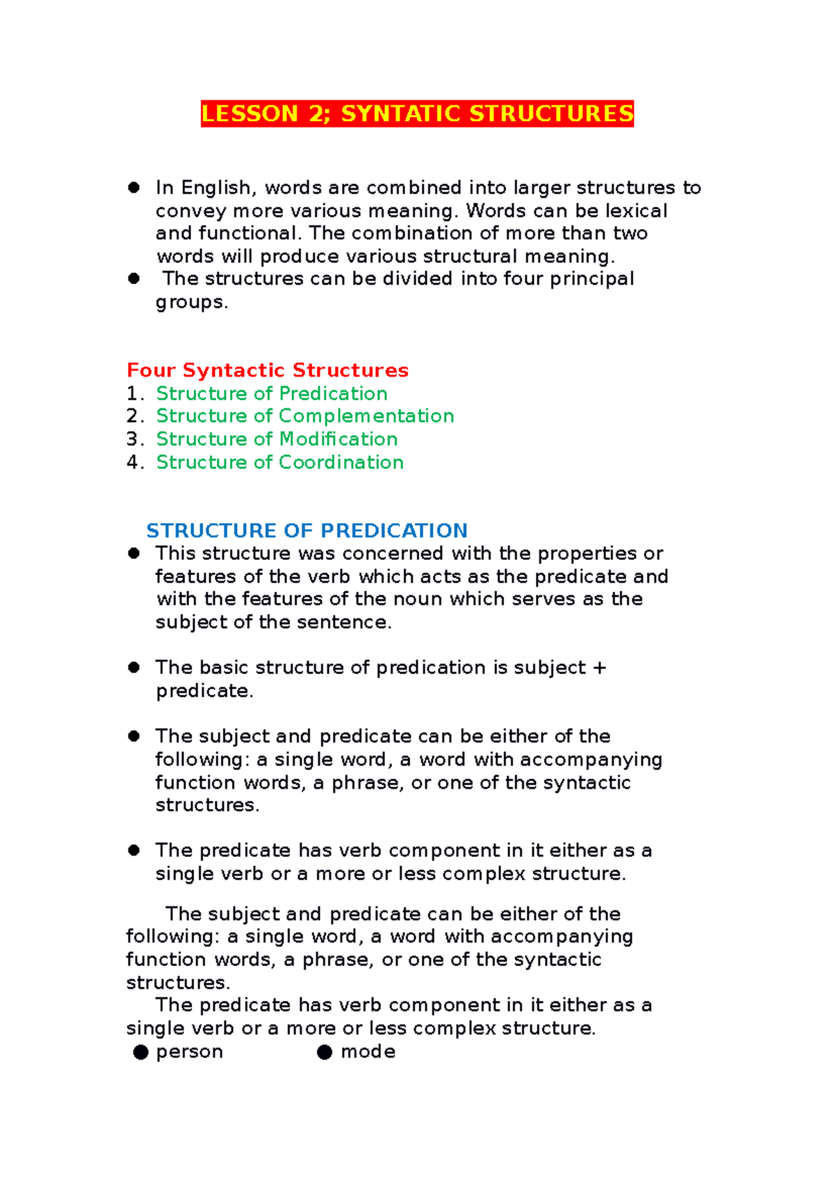 Syntatic Structures - LESSON 2; SYNTATIC STRUCTURES In English, words ...
