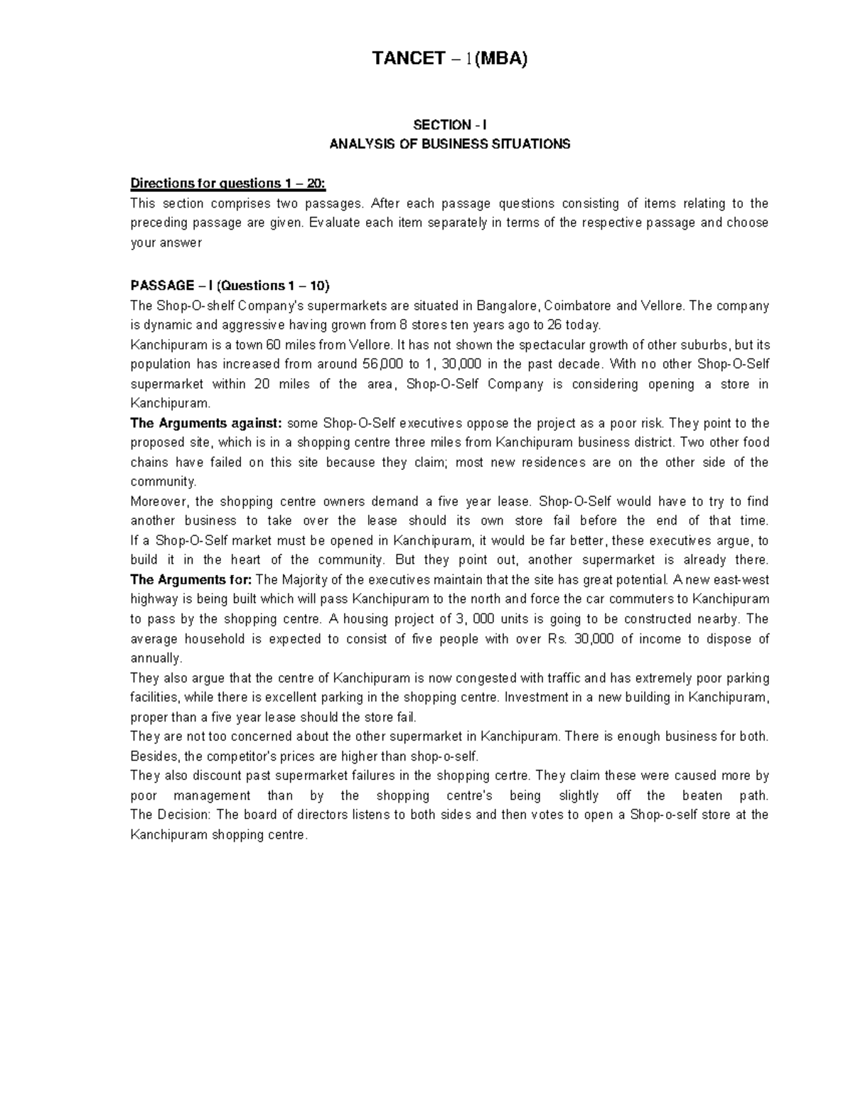 TANCET MBA Sample Paper - Business Situations Analysis - Studocu