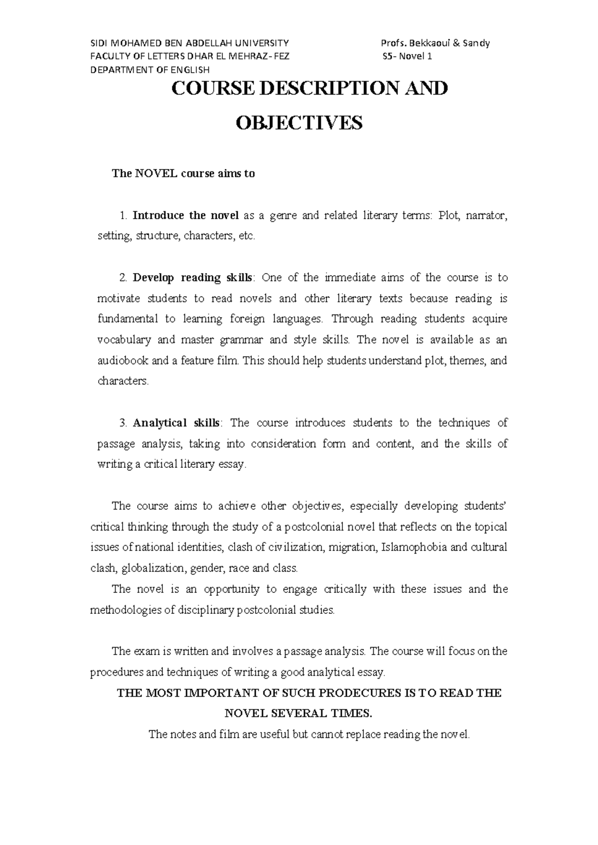 Novel 1 (S5) - Course Description & Learning Objectives Overview - Studocu