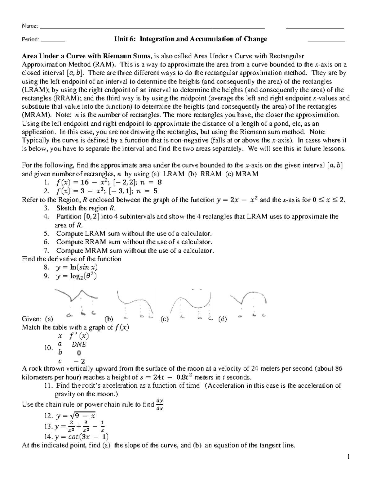 AP Calculus BC Unit 6 Integration Practice and Riemann Sums - Studocu
