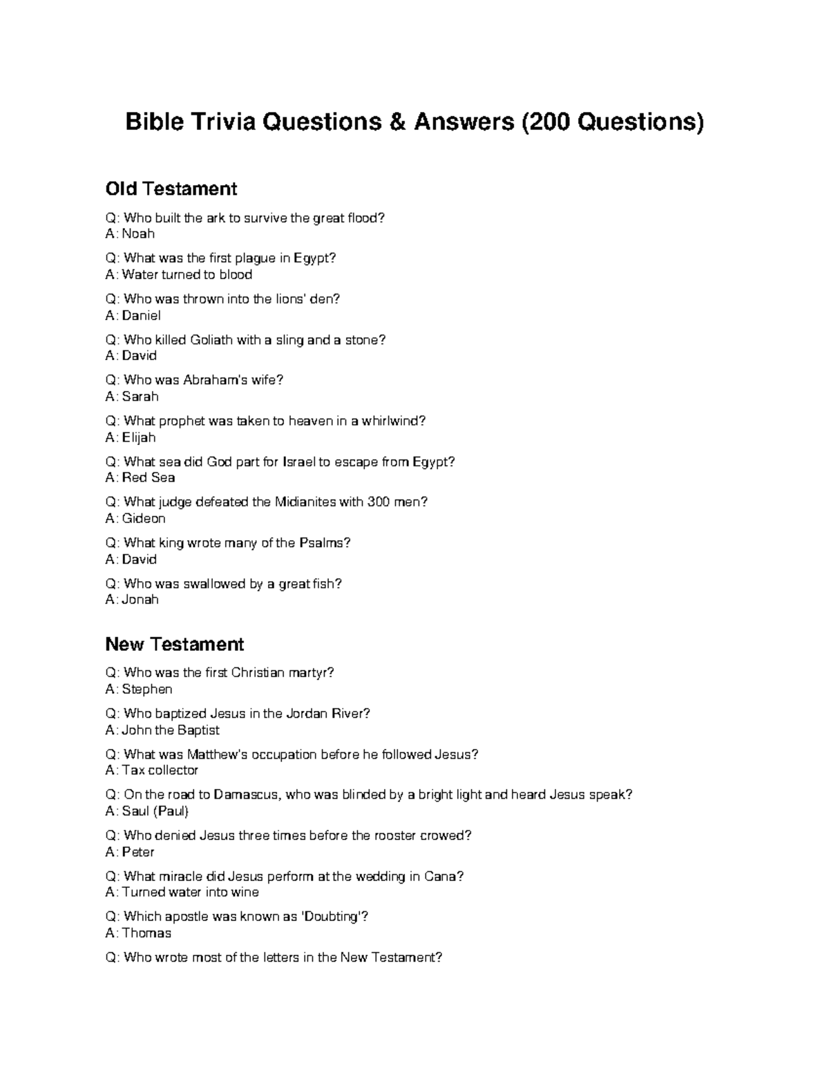 Bible Trivia Q&A: 200 Questions on Old & New Testament - Studocu