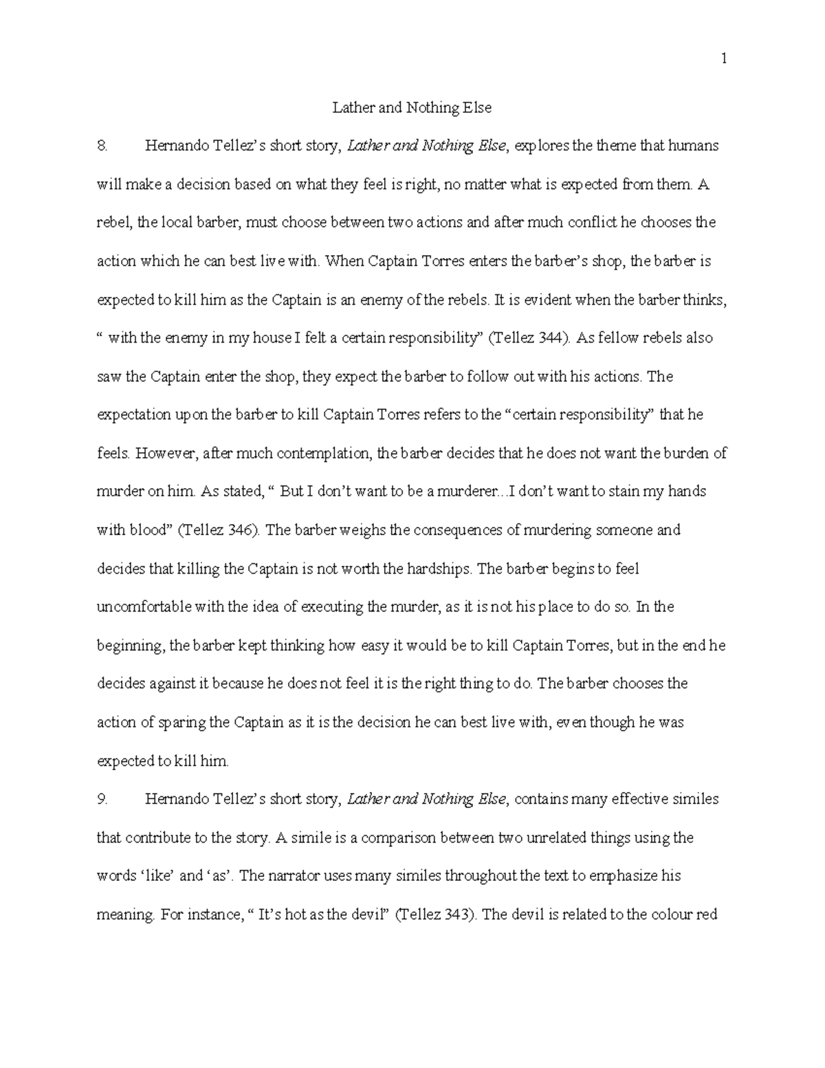 Analysis of Hernando Tellez's Short Story "Lather and Nothing Else ...