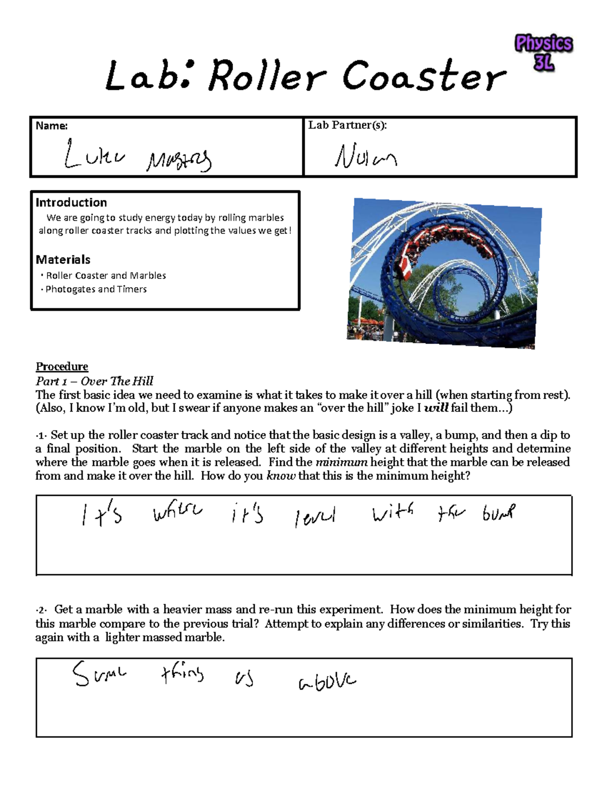 Lab: Roller Coaster Energy Analysis [PHYS 3L] - Studocu