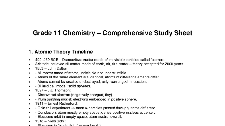 Grade 11 Chemistry Study Sheet: Atomic Theory & Periodic Trends - Studocu