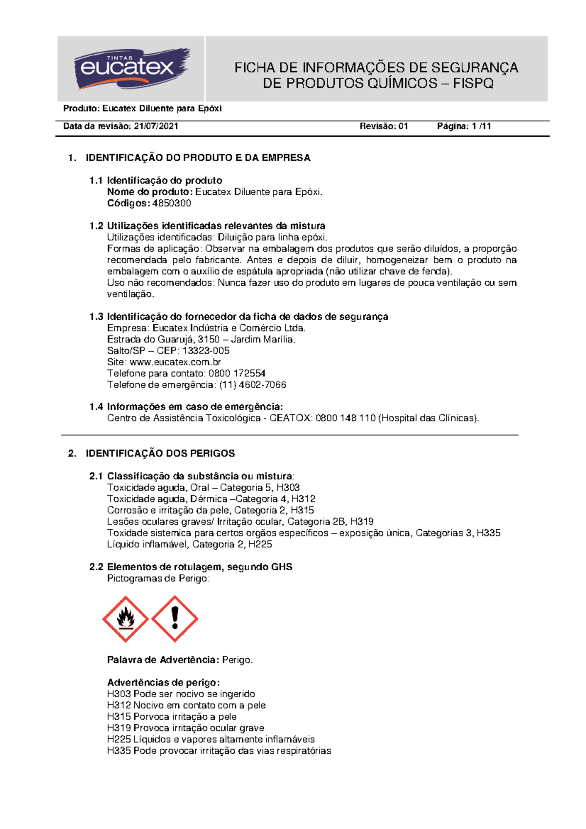 FISPQ 4850300: Eucatex Diluente para Epóxi – Segurança e Uso - Studocu