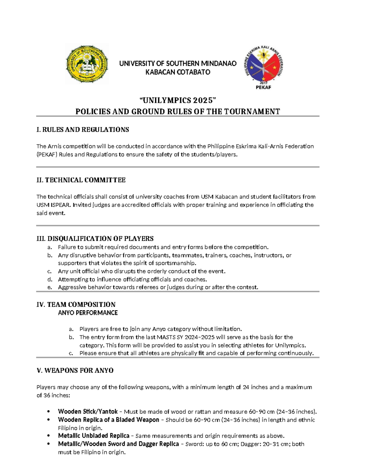 2025 Unilympics Arnis Guidelines (MASTS) - Rules & Regulations - Studocu