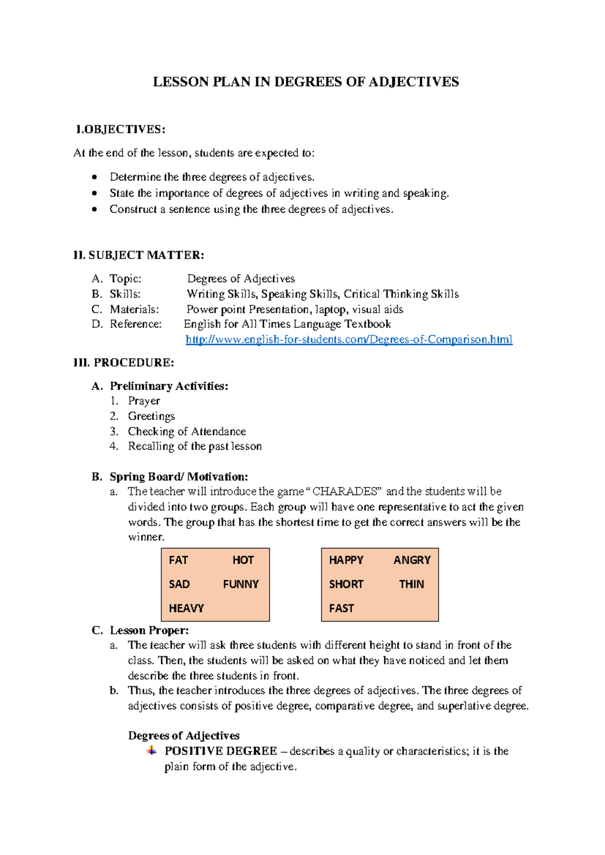 Lesson PLAN IN Degrees OF Adjectives - LESSON PLAN IN DEGREES OF ...