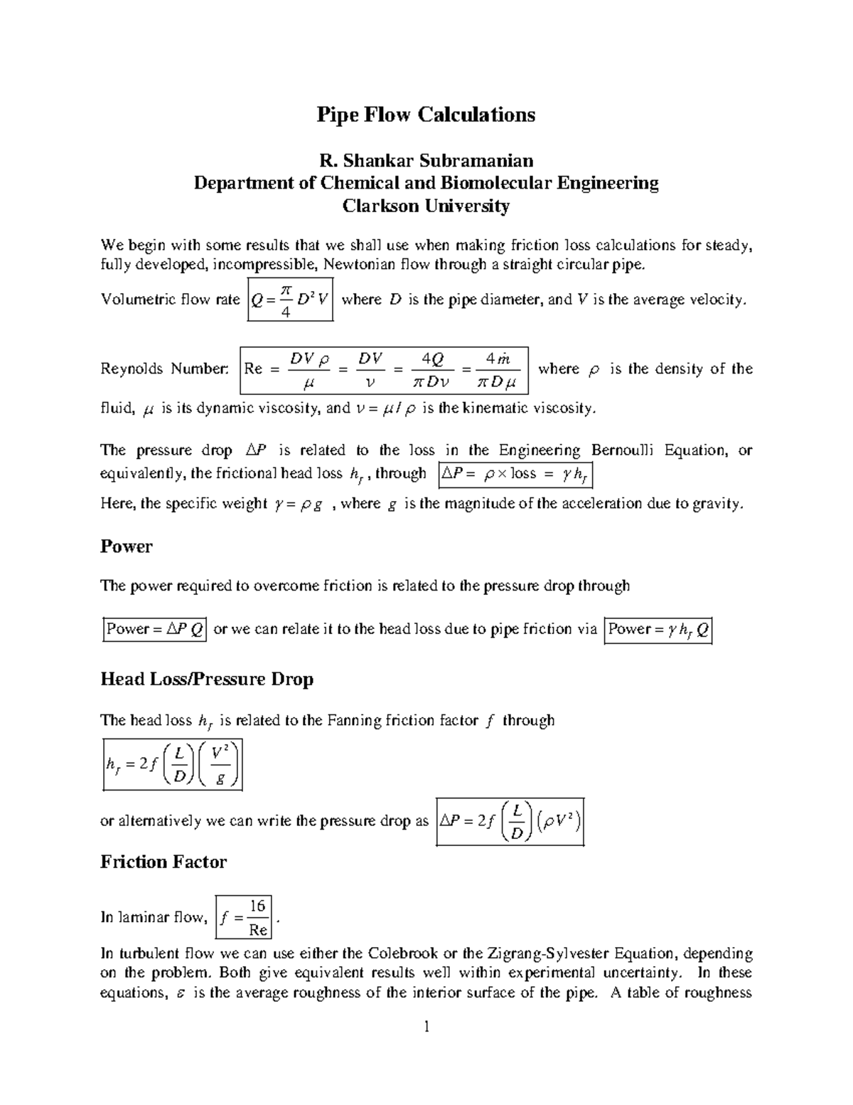 Pipe Flow Calculations: Friction Loss and Power Analysis - Studocu