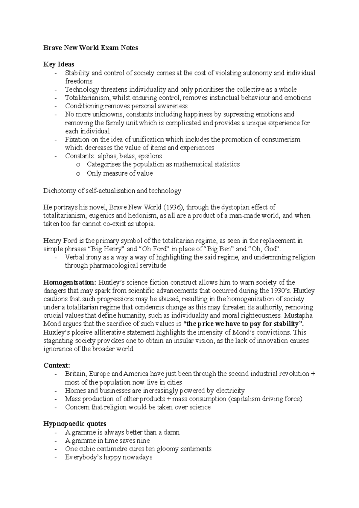 Brave New World (BNW) Final Exam Study Notes and Key Concepts - Studocu