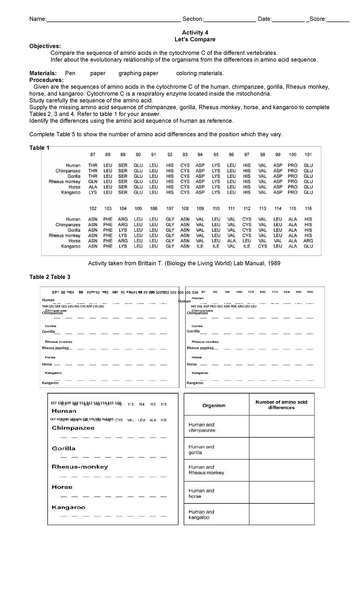 U3M3A4-1: Cytochrome C Amino Acid Sequence Comparison and Evolutionary ...