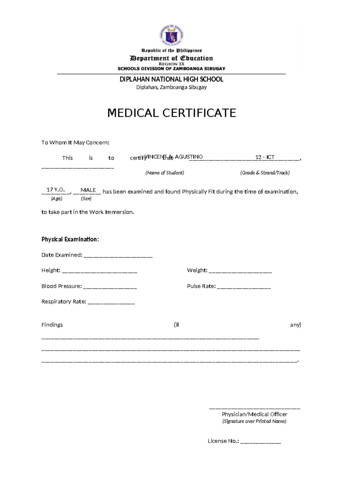 Medical Certificate for Work Immersion 12 ICT 2025 - Studocu