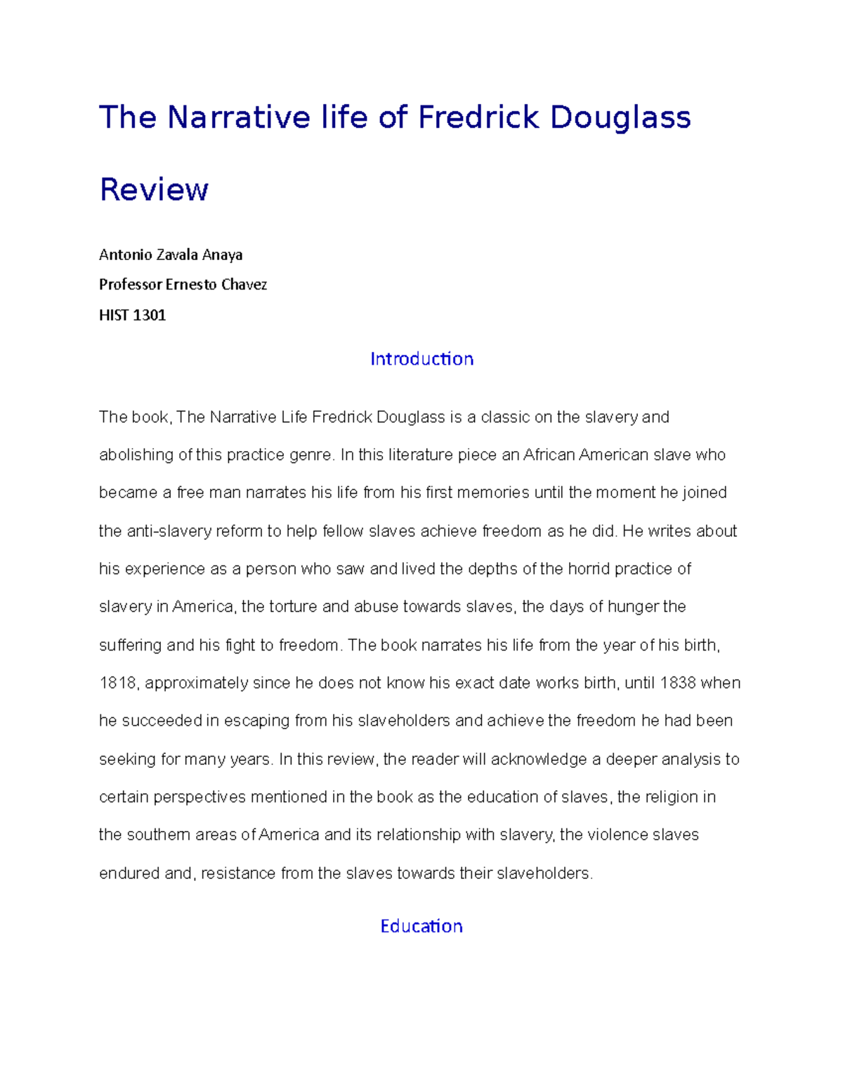 HIST 1301: Summary Essay on The Narrative Life of Frederick Douglass ...