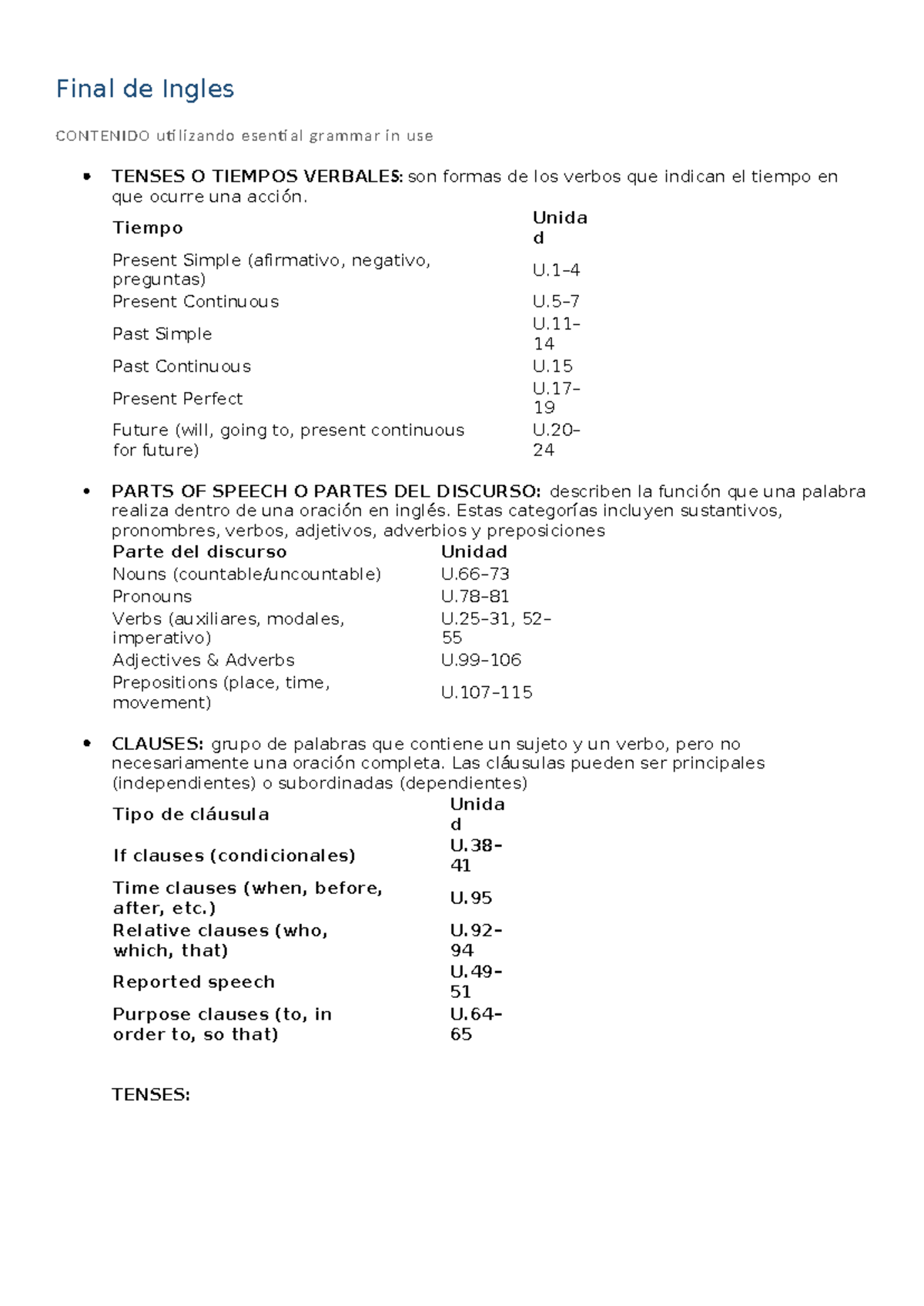 Final de Ingles - Final de Ingles CONTENIDO uti lizando esenti al ...