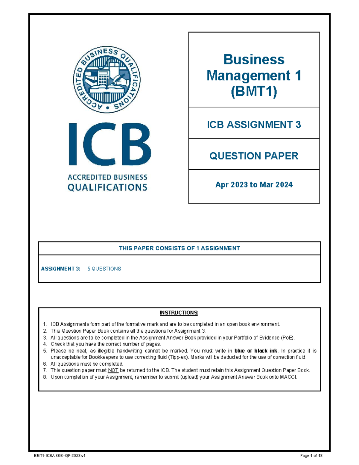 BMT1 ICB Assignment 3 Question Paper: Apr 2023 - Mar 2024 - Studocu