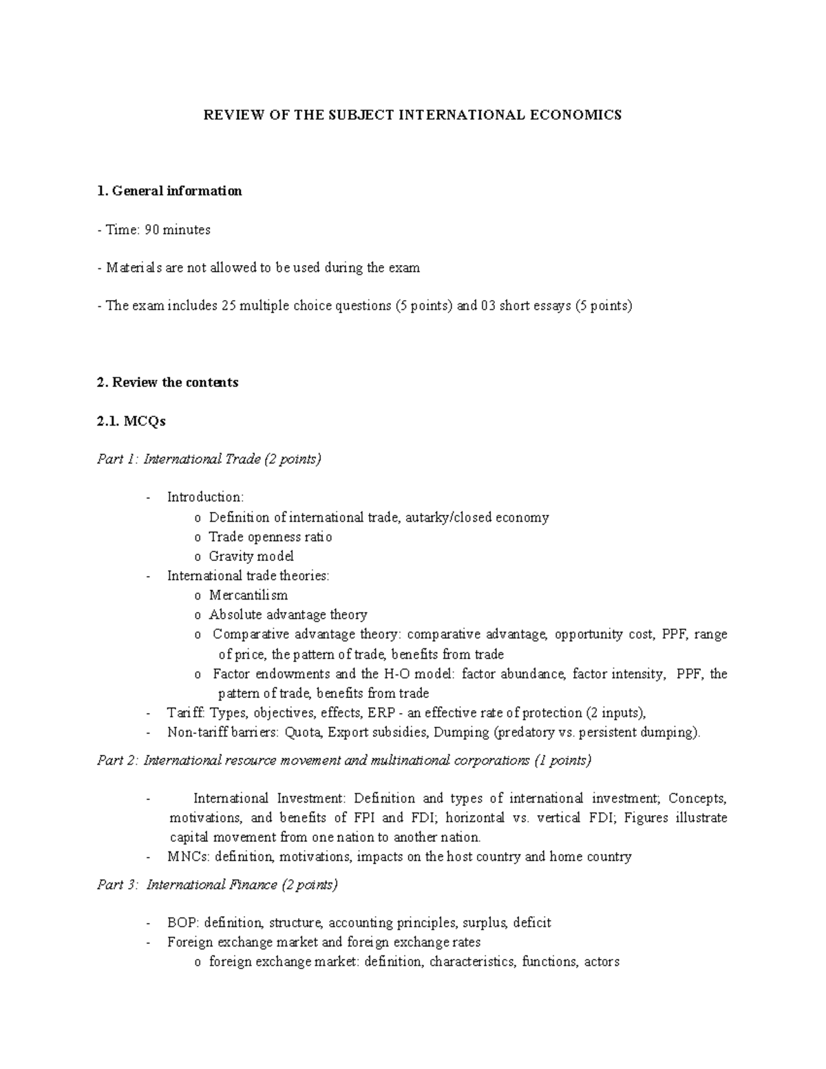 REVIEW OF INTERNATIONAL ECONOMICS (IE101) - Exam Prep Guide - Studocu