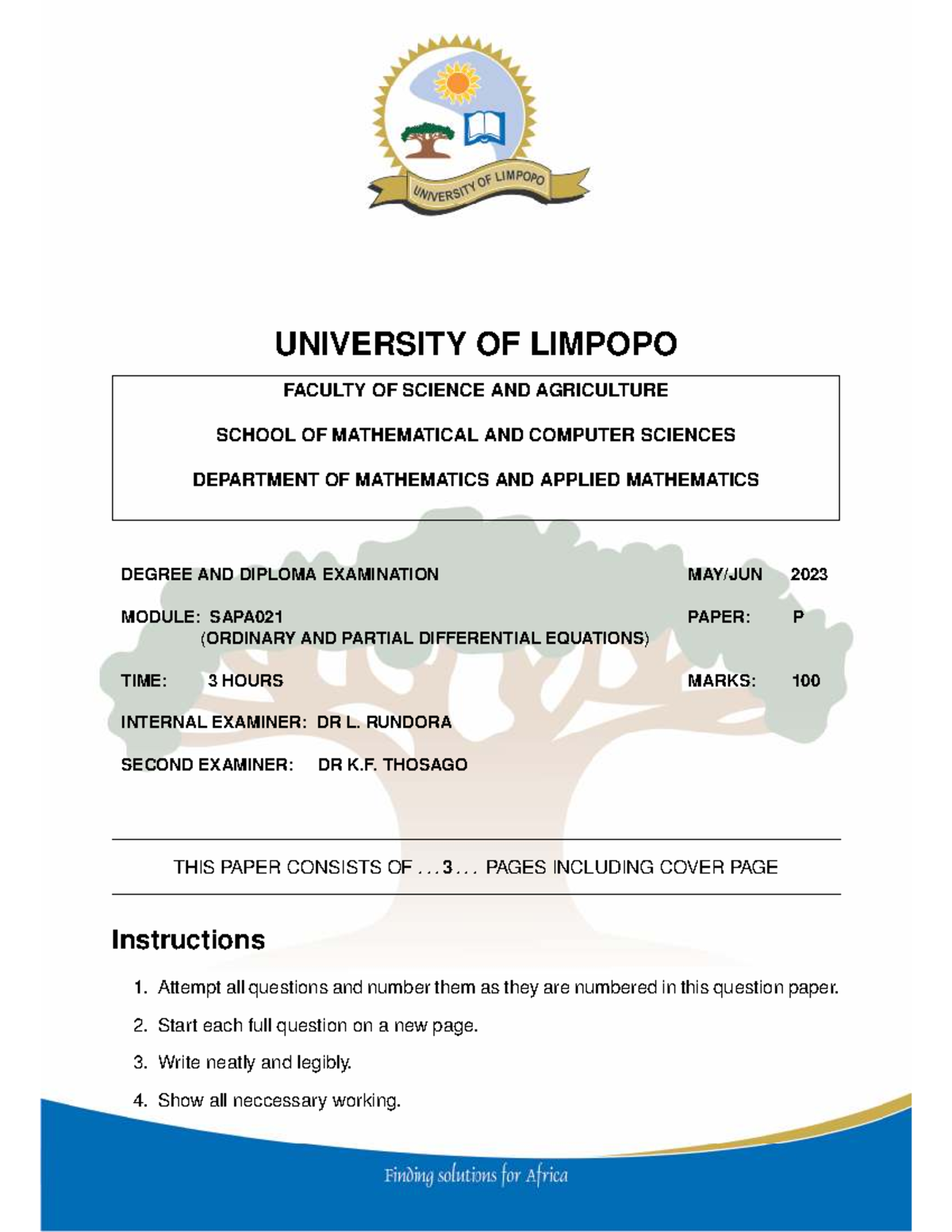 SAPA021 Final Exam 2023: Ordinary & Partial Differential Equations ...