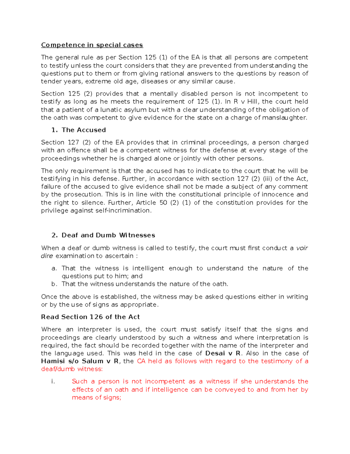 Notes - Evidence Law: Competence in Special Cases and Witness Protocols ...