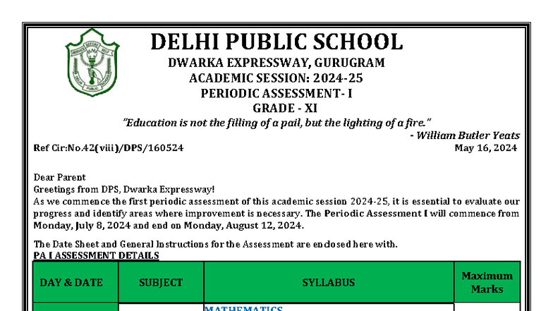 DPS Dwarka Expressway PA I Grade XI Datesheet & Syllabus 2024 - Studocu
