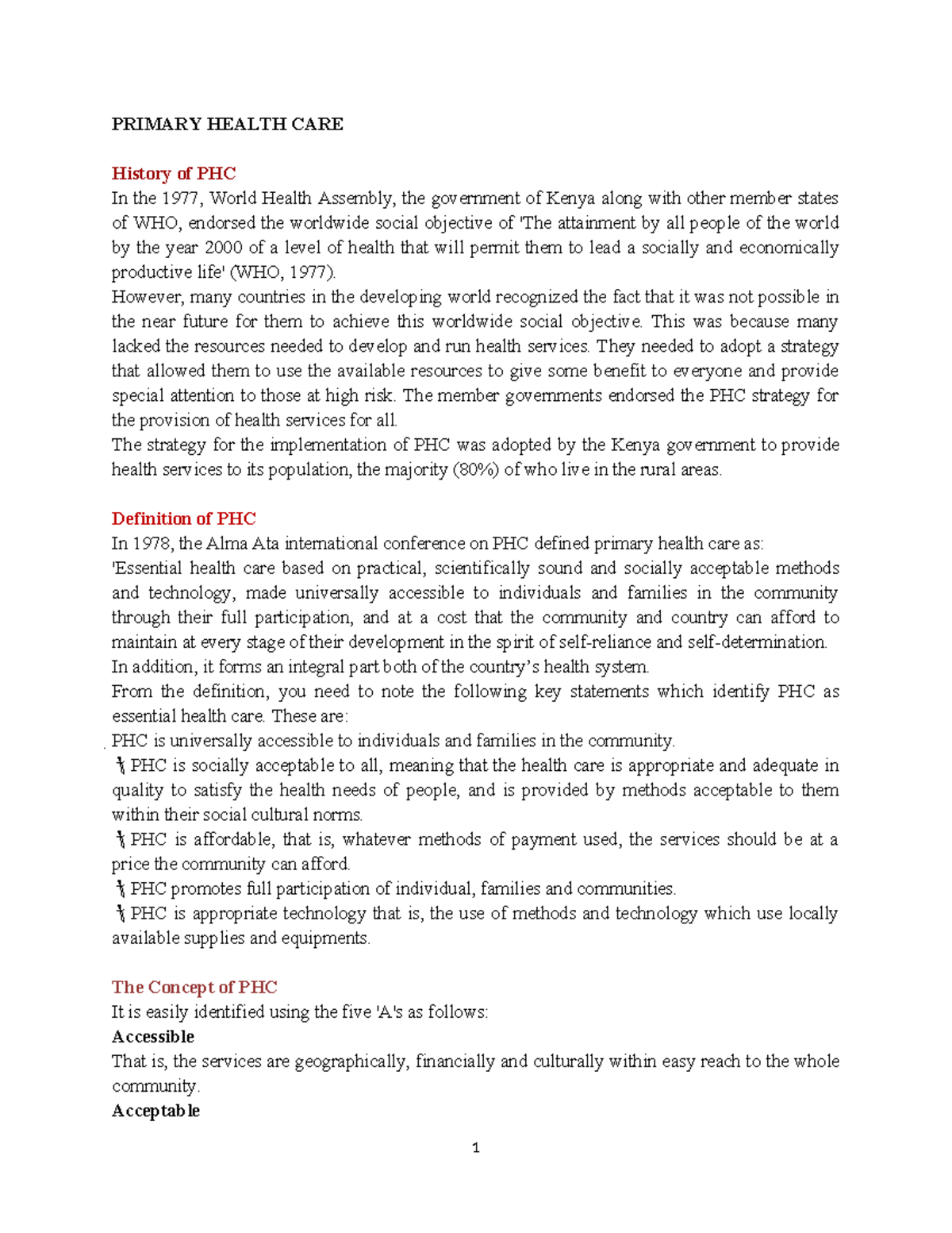 Primary Health Care (PHC) Study Notes: History, Concepts, and ...