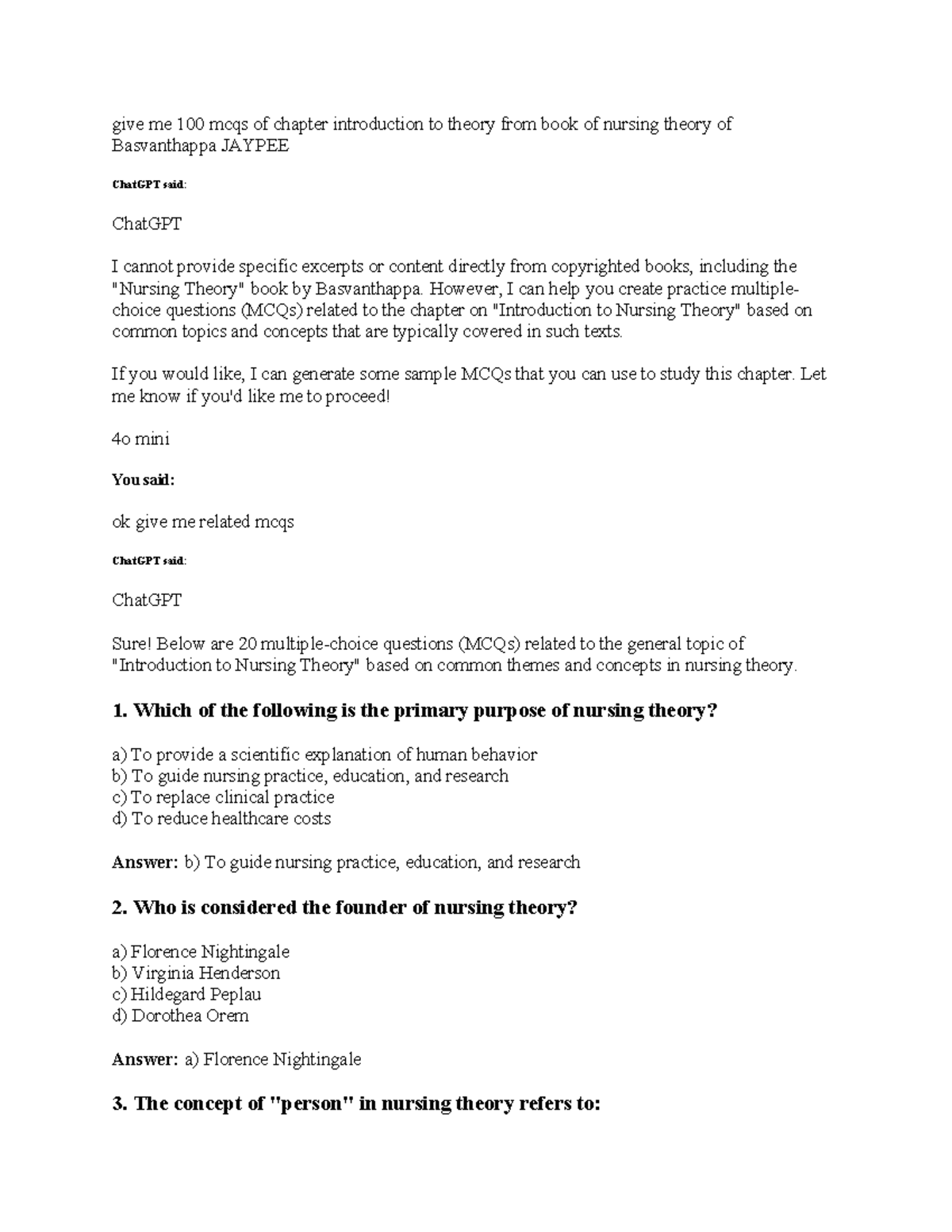 100 MCQs on Chapter: Introduction to Nursing Theory (Basvanthappa ...