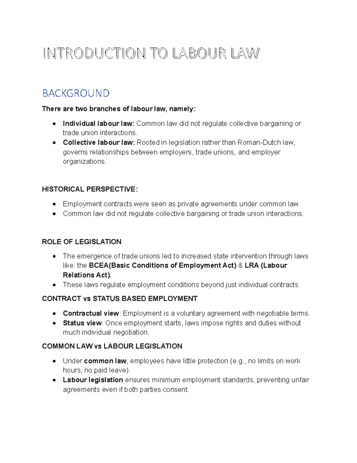Chapter 1: Introduction to Labour Law (Course Code: LAW101) - Studocu