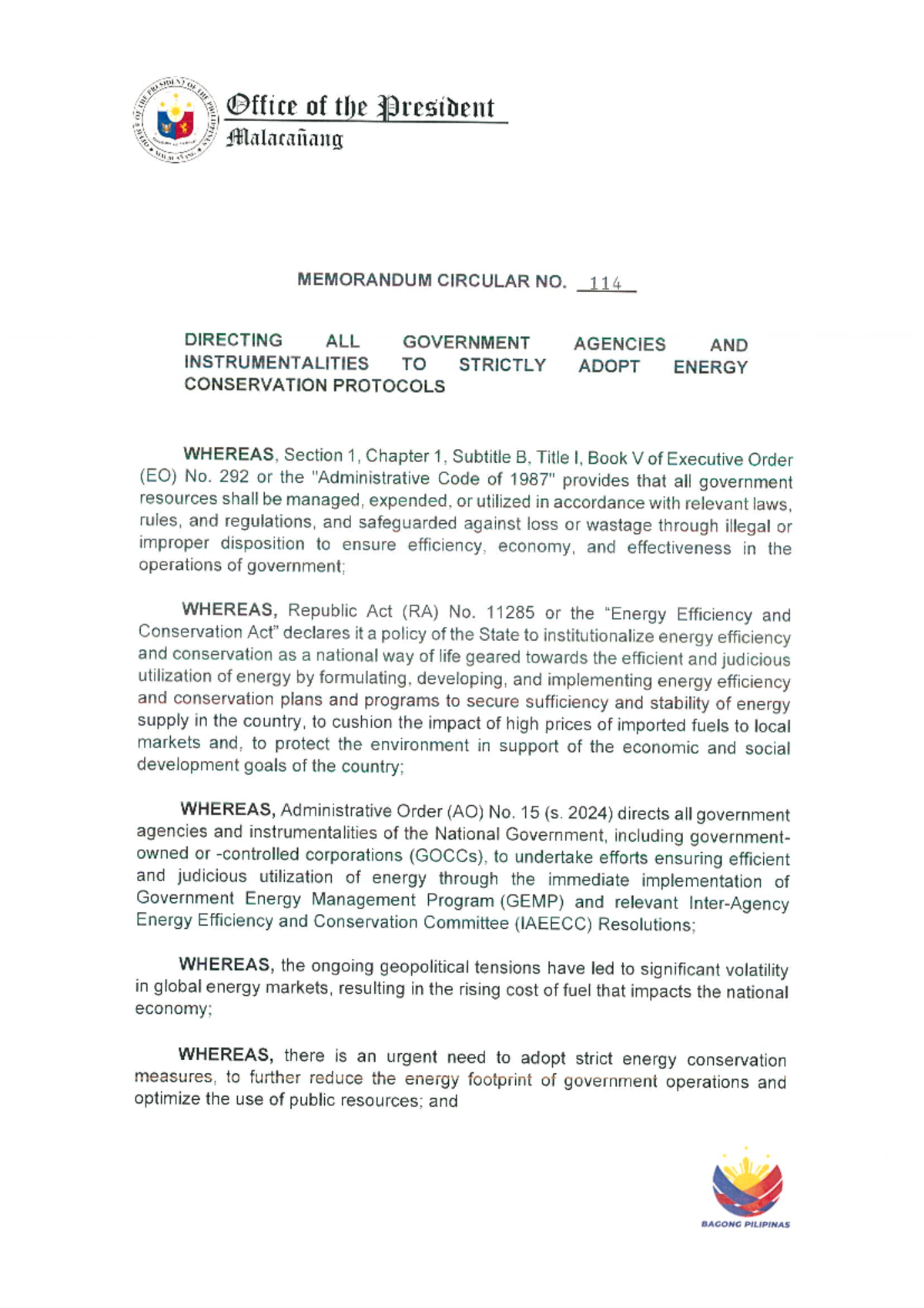 Memorandum Circular No. 114: Energy Conservation Protocols ...