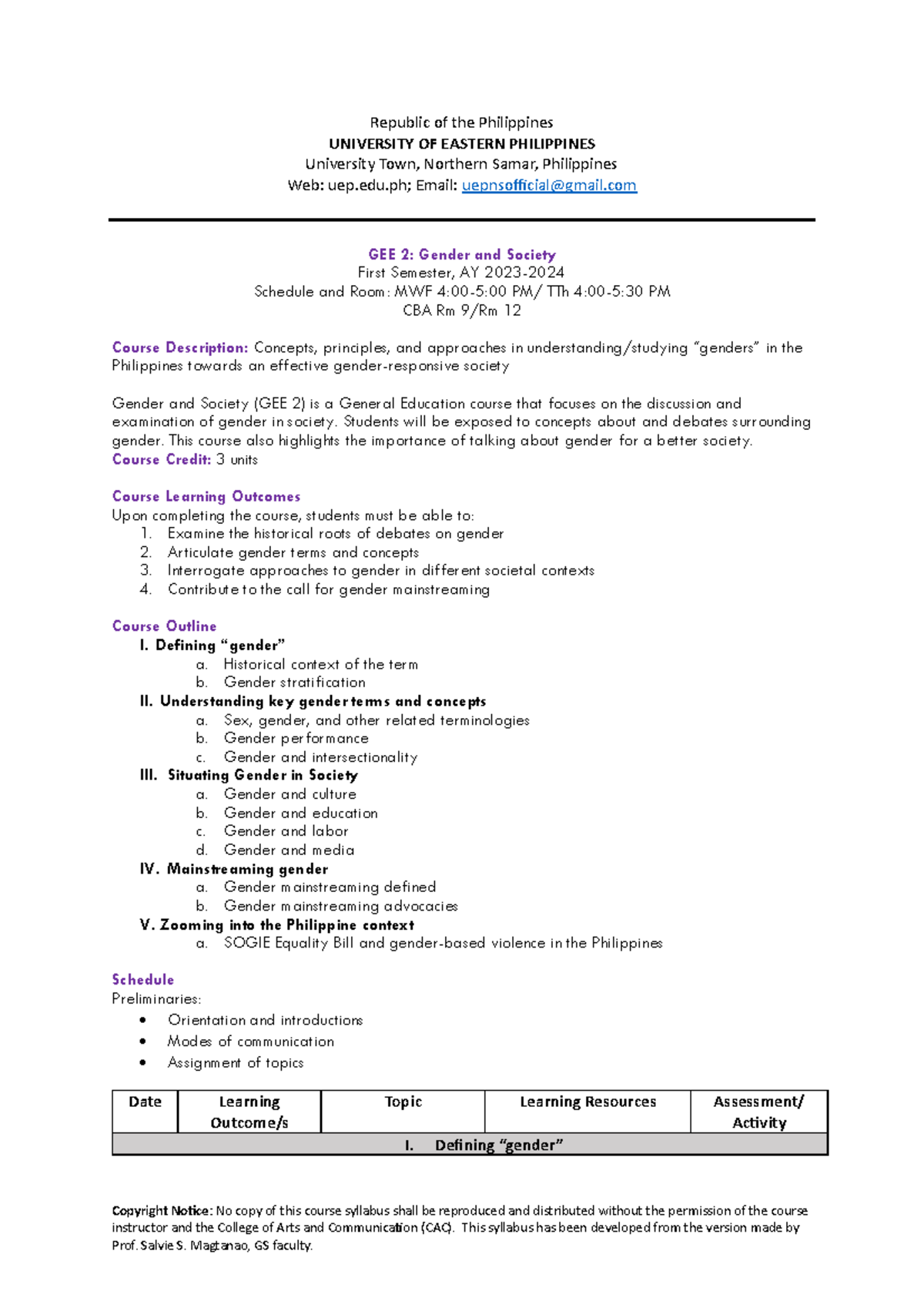 GEE 2: Gender and Society Syllabus - First Semester Overview - Studocu